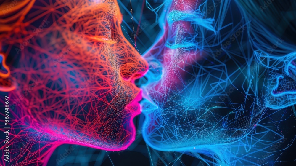 Digital art representation of two faces in a kiss, with one face ...