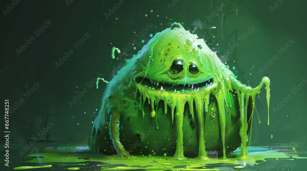 An animated character of a green slime monster, oozing with goo and ...