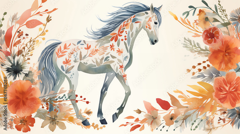 Wooden horse with floral border and baby text, flat design, front view ...