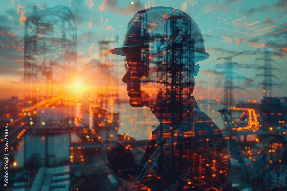 Engineer checking alignment of steel frames on a construction site ...