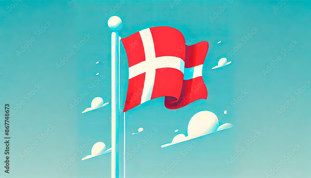Danish flag, also known as the Dannebrog, waving on a flagpole against ...