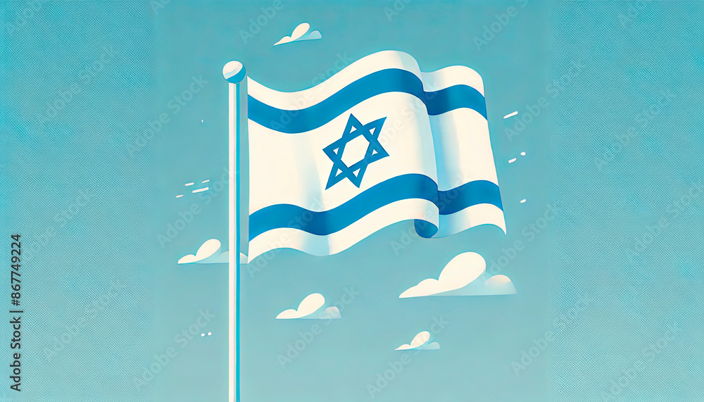 Israeli flag waving on a flagpole against a clear blue sky. The flag ...