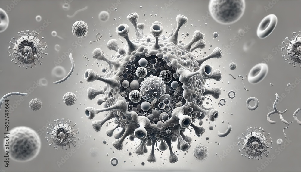 Detailed microscopic view of virus and bacteria showing biological ...