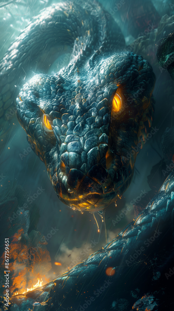 A colossal serpent with glowing yellow eyes coils around a desecrated ...