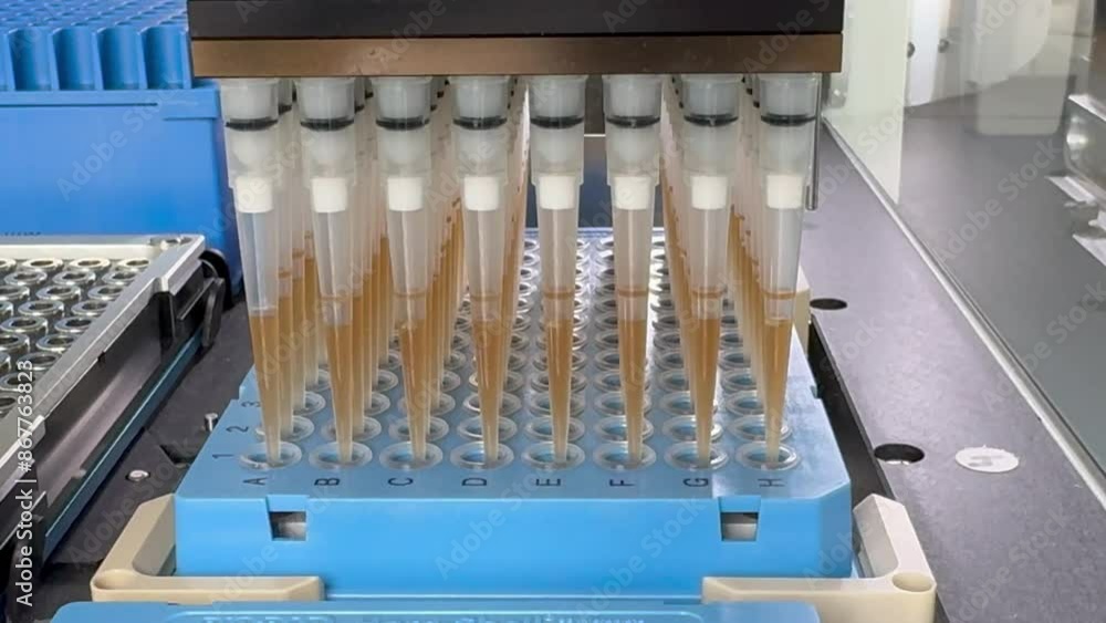 laboratory automated liquid handling system, robotic arm with multiple pipette tips above a tray ...
