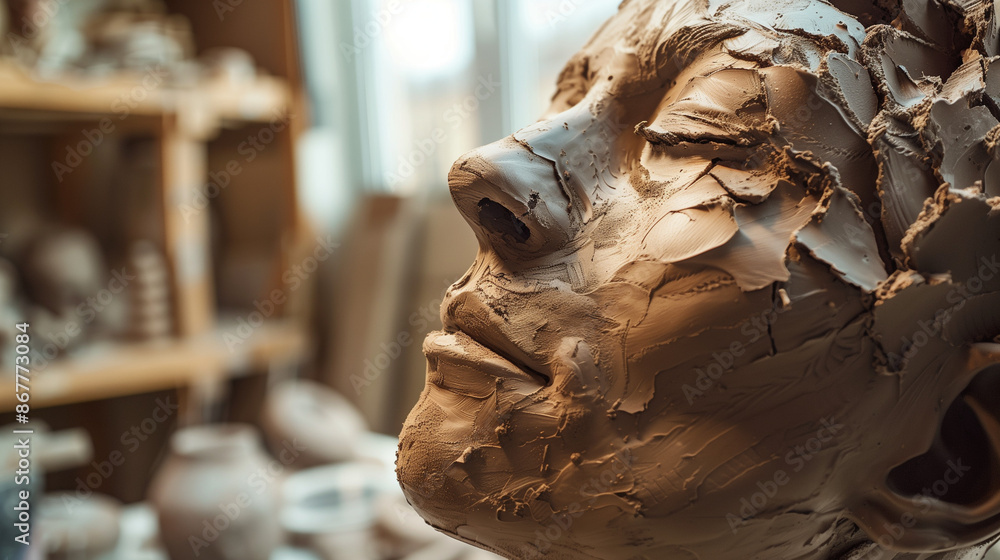 Photorealistic clay sculpture with rough texture in workshop, side view ...