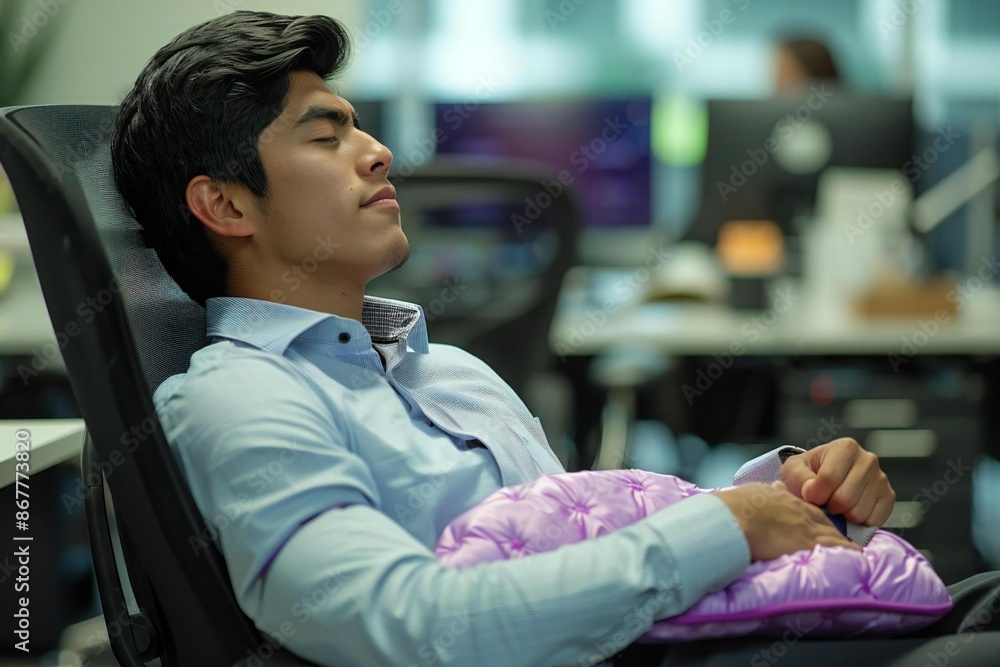 Foto de Waist up photo of a male Hispanic office worker slouching in ...