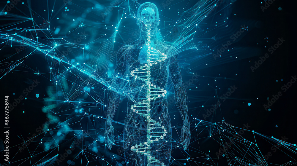 3D hologram projection of a human body, spinning DNA, digital ...