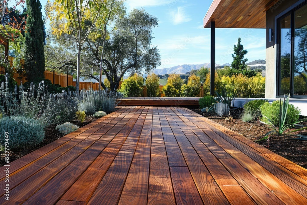 Redwood decking with a minimalist approach, displaying its deep color ...