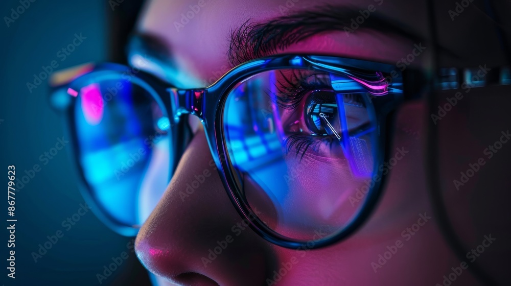 Girl works on internet. Reflection at the glasses from laptop. Close up ...