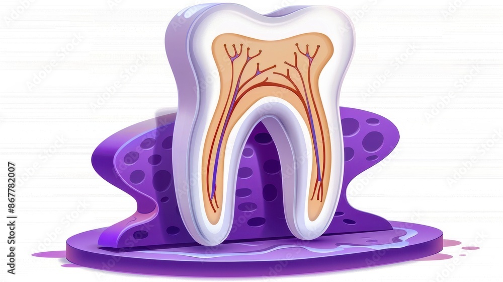 Illustration of a cross-sectioned tooth with visible nerves and blood ...
