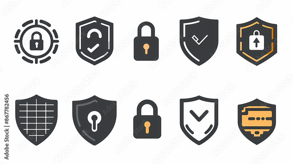 Set of security icons, black and white silhouette, simple vector ...