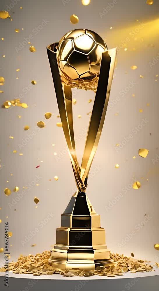 Gold champion trophy Golden trophy with falling golden confetti Victory ...