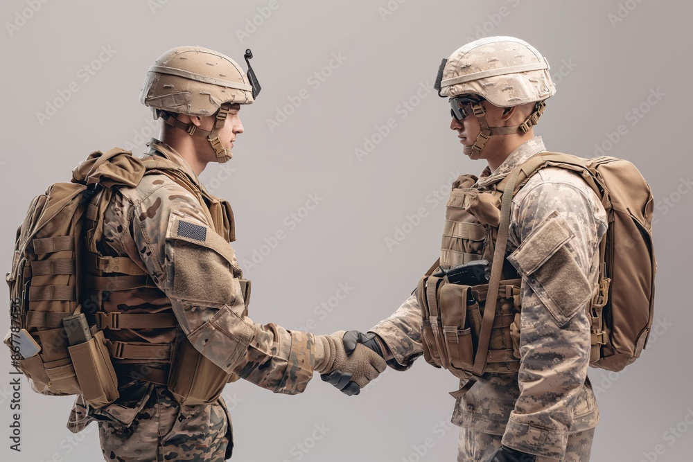 Two soldiers in military uniforms and helmets shake hands in a neutral ...