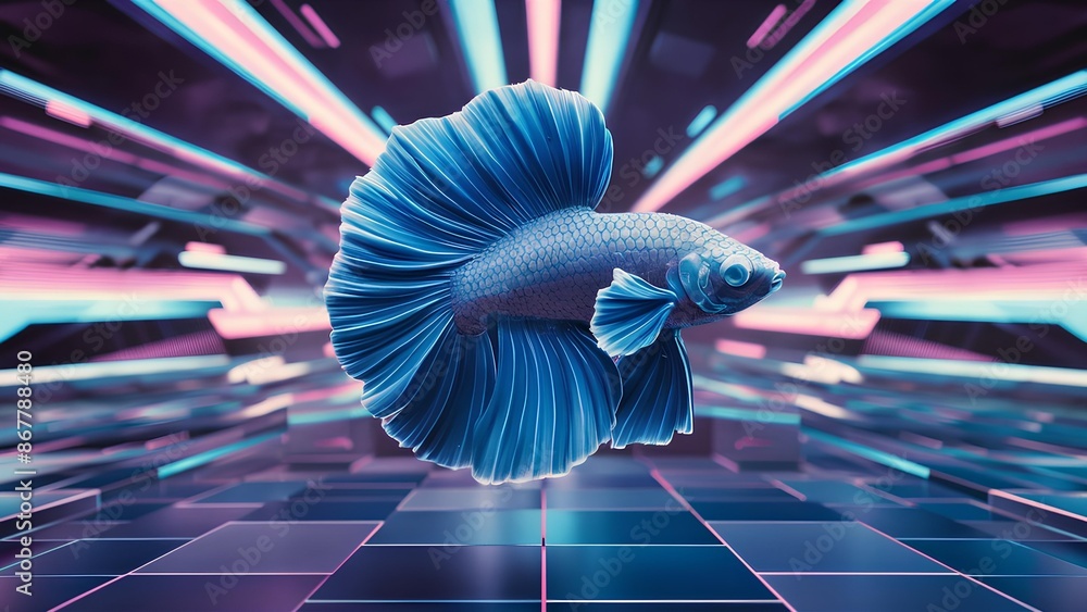 Vibrant Blue Betta Fish Swimming Across a Futuristic Digital Grid with ...