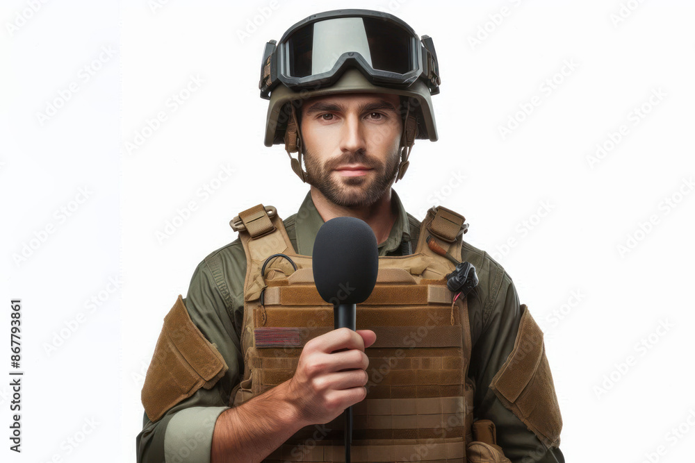 Military journalist with a microphone in a bulletproof vest and helmet ...