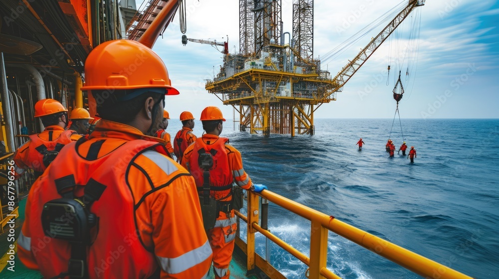Oil workers, wearing helmets and personal protective equipment, stand ...