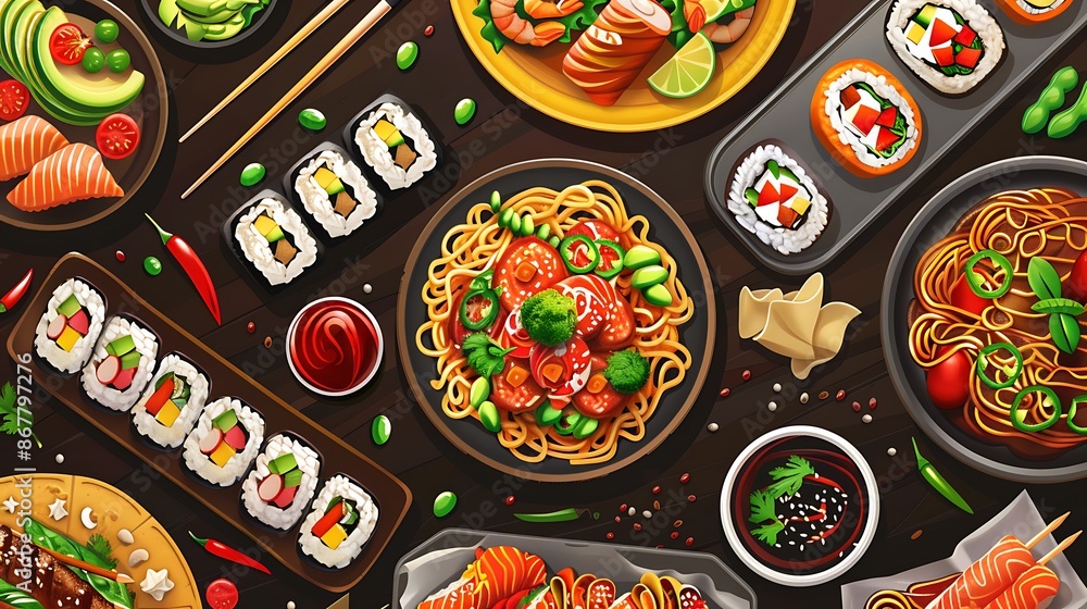 Vector illustration of different types of cuisine around world Italian ...