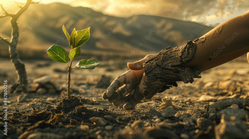 child hands planting a young sapling in a barren landscape, juxtaposed ...