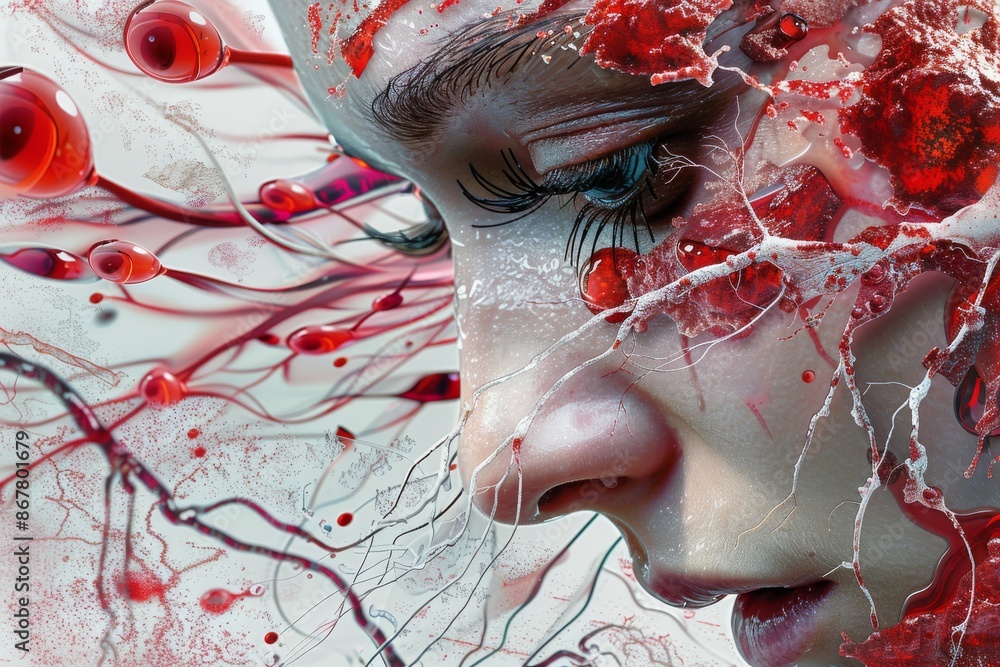 A digital collage blending macro photographs of tears falling onto a ...