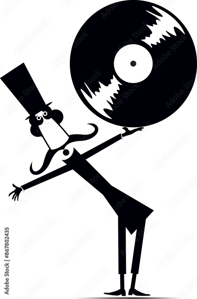 Cartoon man holding long play record. Funny long mustache person in the ...