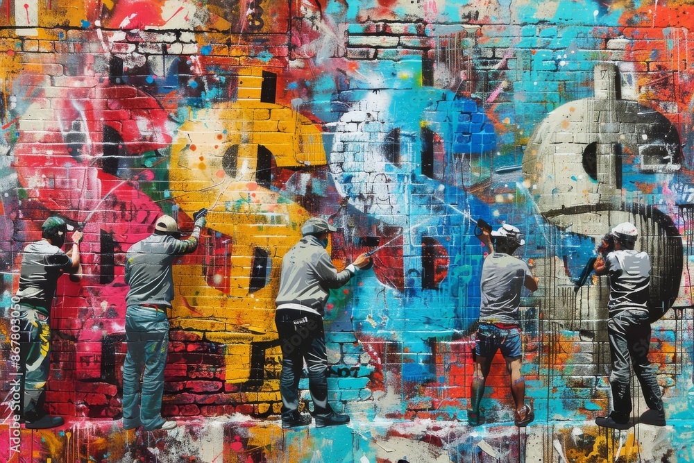 group of graffiti artists spray-painting oversized dollar signs on a ...