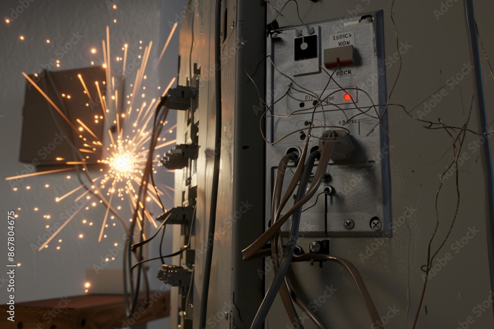 The scene features an electrical panel with visible sparks and smoke ...