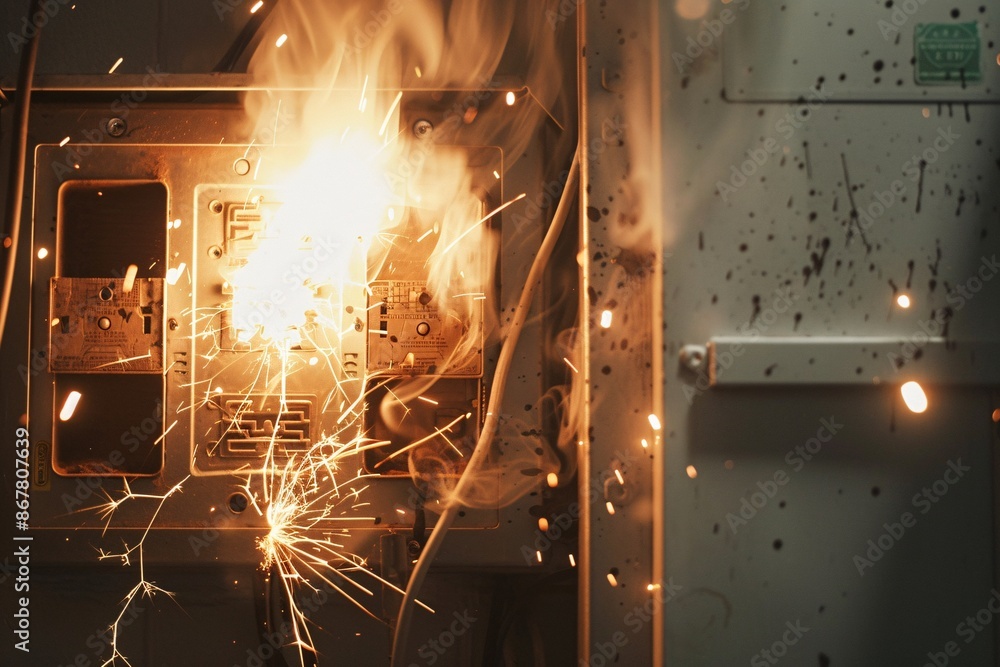 The scene features an electrical panel with visible sparks and smoke ...