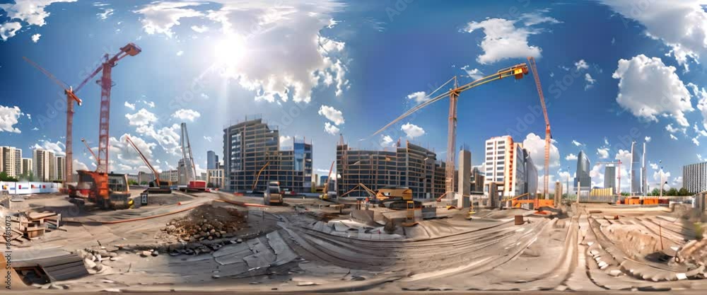 Panorama view of New construction site, Industrial construction cranes ...