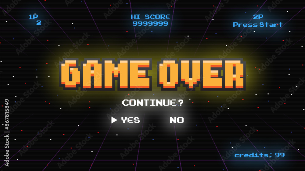 Game over continue.pixel art .8 bit game.retro game. for game assets in ...