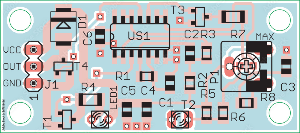 Vector printed circuit board of electronic device with components of ...