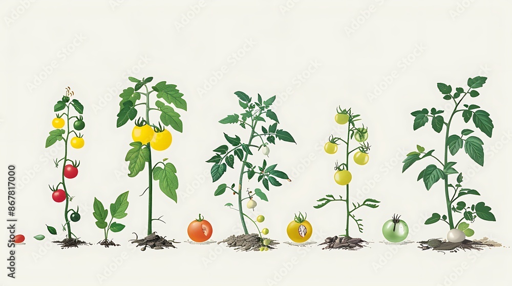 Series of illustrations lifecycle of Tomato Plant Solanum lycopersicum ...