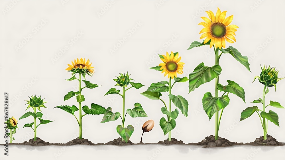 Series of illustrations lifecycle of Sunflower Helianthus annuus ...