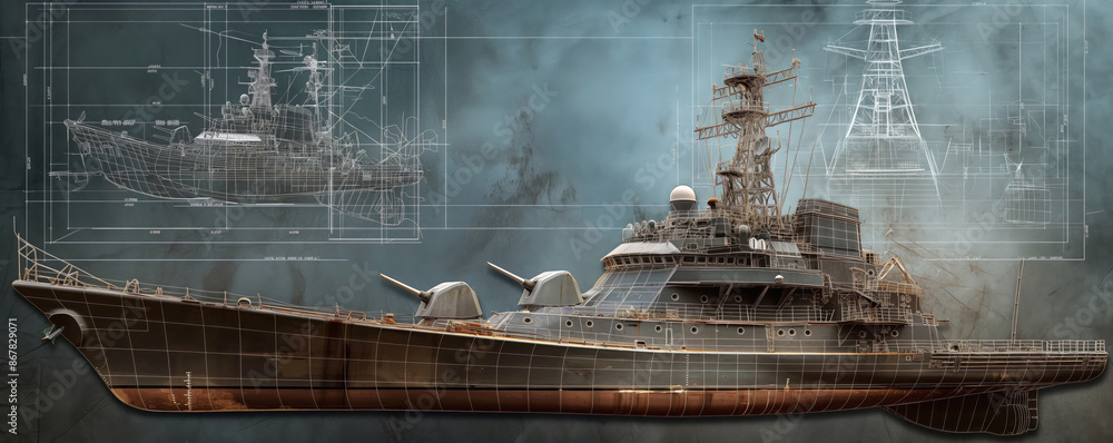 This image shows a detailed blueprint and side view design of a modern ...