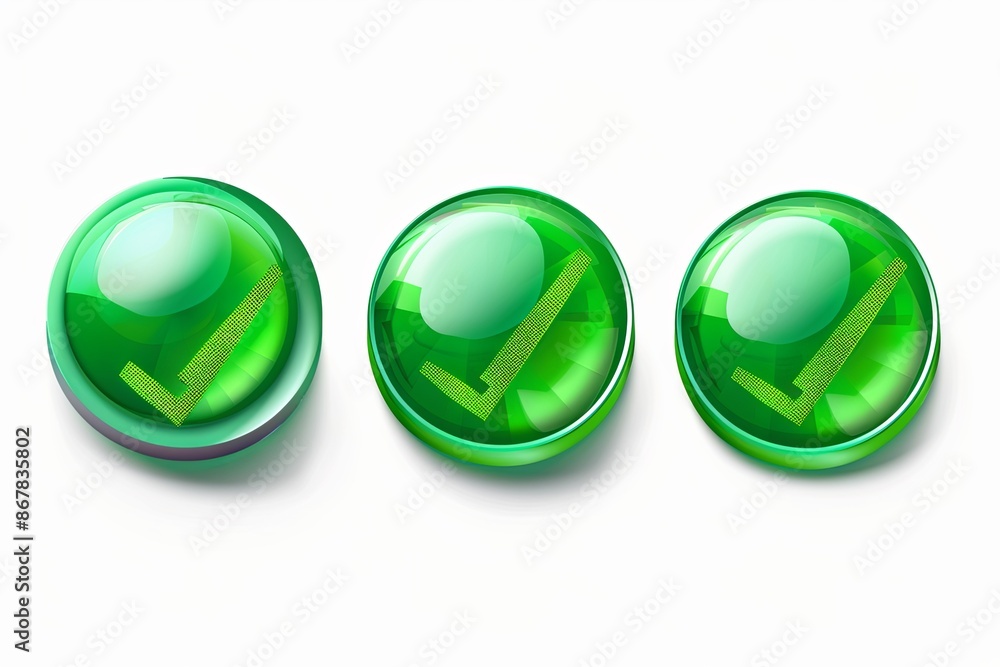 Three glossy green checkmark buttons on a white background. Each button ...
