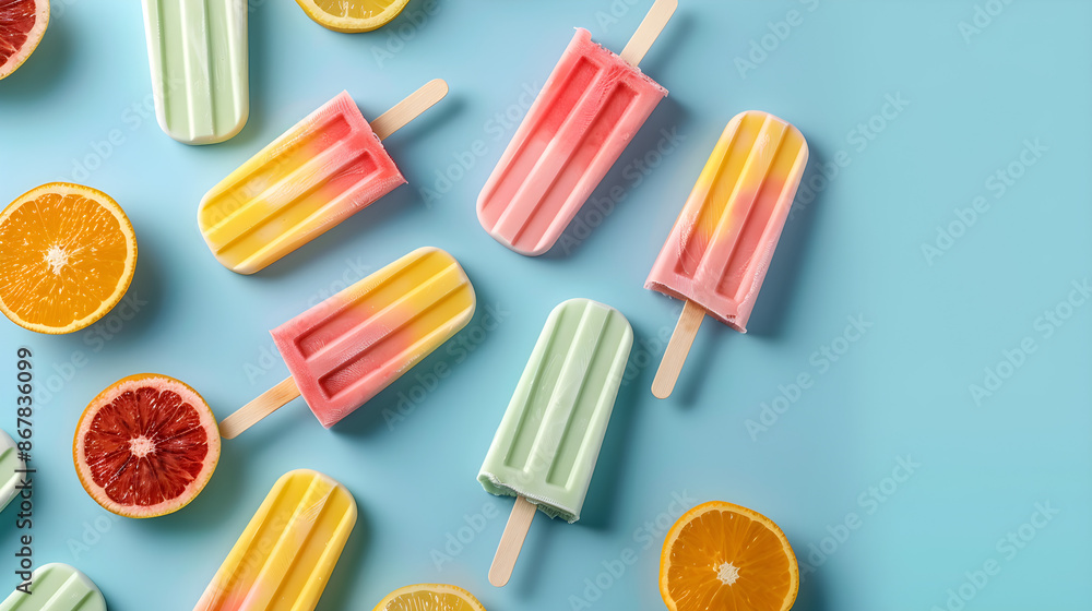 Fruit popsicle ice cream sticks and orange slices on a soft blue ...
