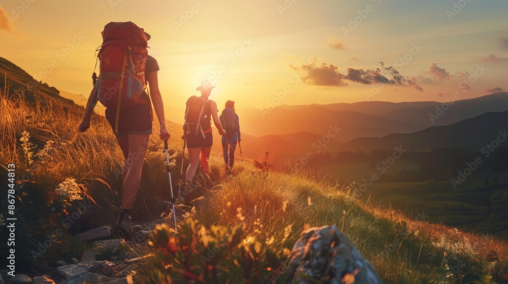 Hikers traverse a scenic mountain trail at sunset, with vibrant skies ...