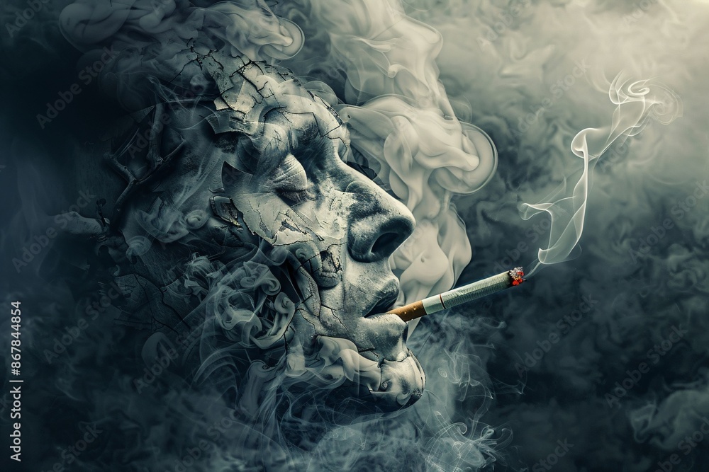 Smoker with a cigarette. Bad habit, health hazard. Concept of no ...