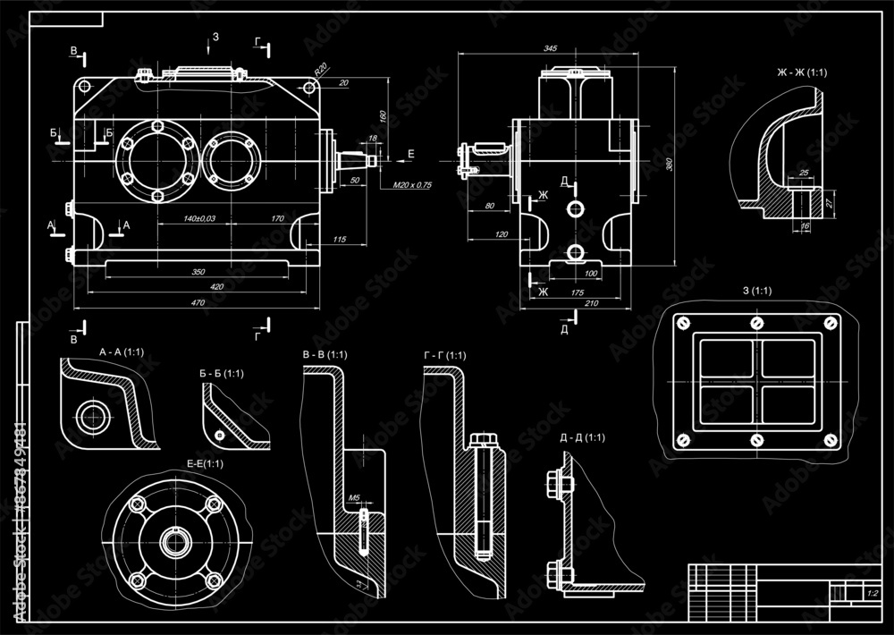 Assembly drawing of reducer. Vector drawing of steel mechanical device ...
