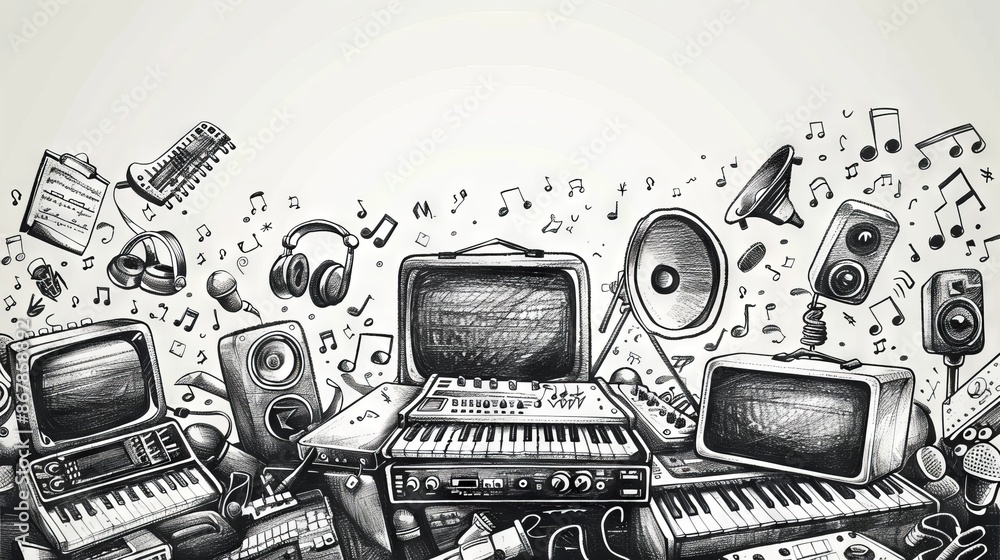 Hand drawn music production equipments with floating musical notes ...