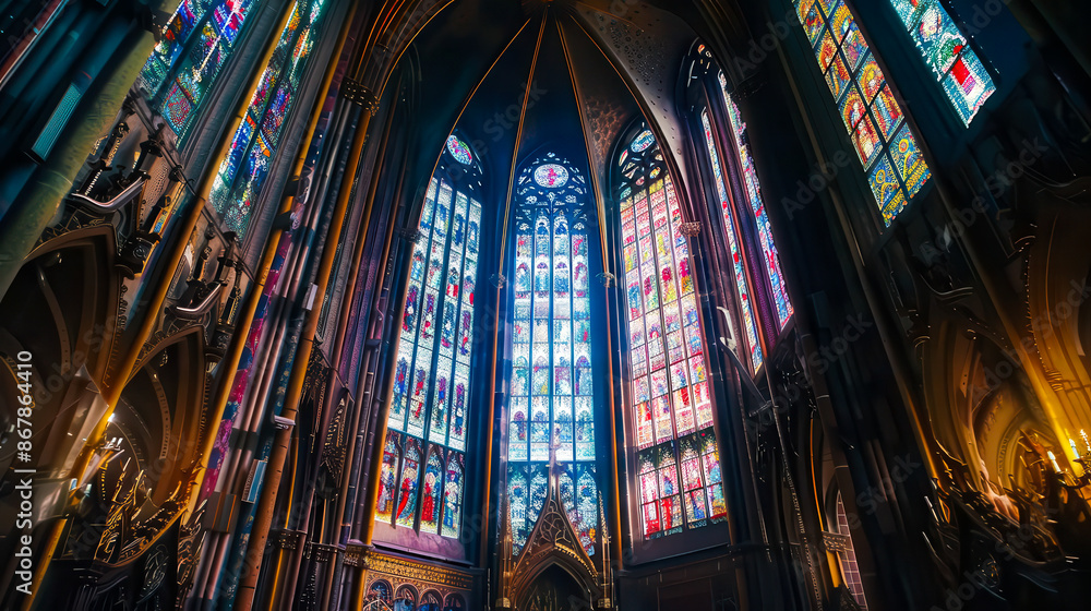 Gothic cathedral with architectural details, stained glass windows ...