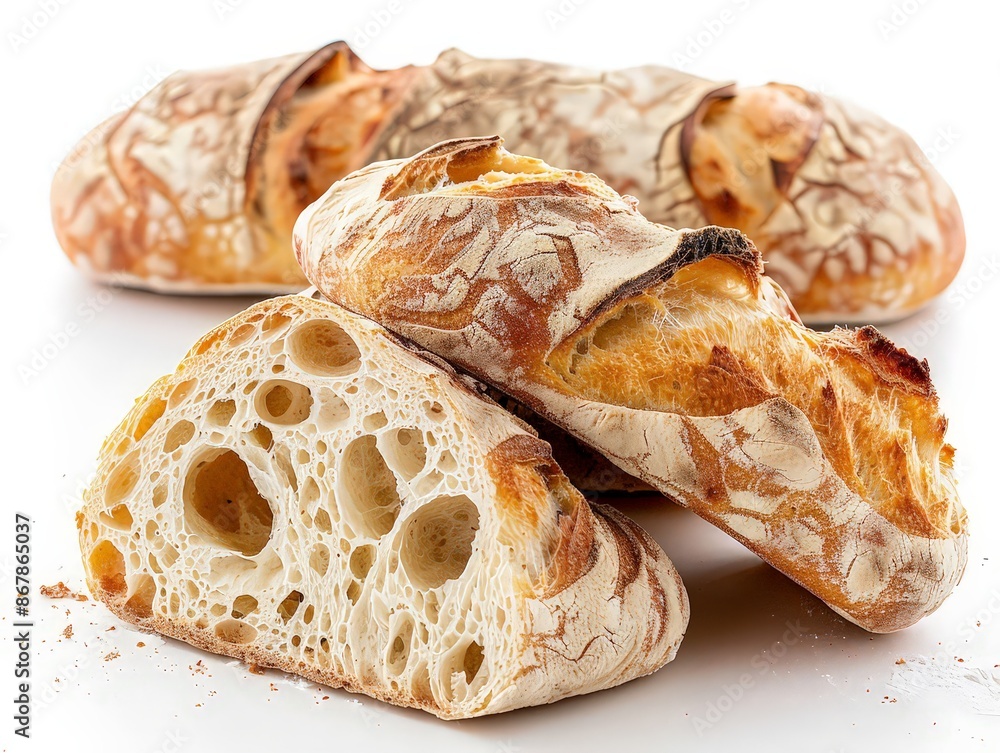 Loaves of ciabatta bread with rustic crust and open crumb structure ...