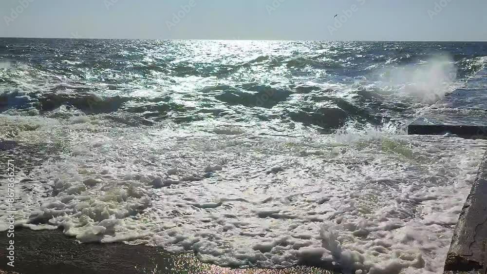 Storm. Storm at sea. Large high sea waves with white foam hitting ...