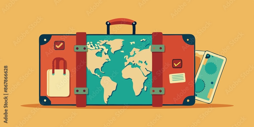 luggage, map, suitcase, vintage, Unique hand-drawn illustration of ...