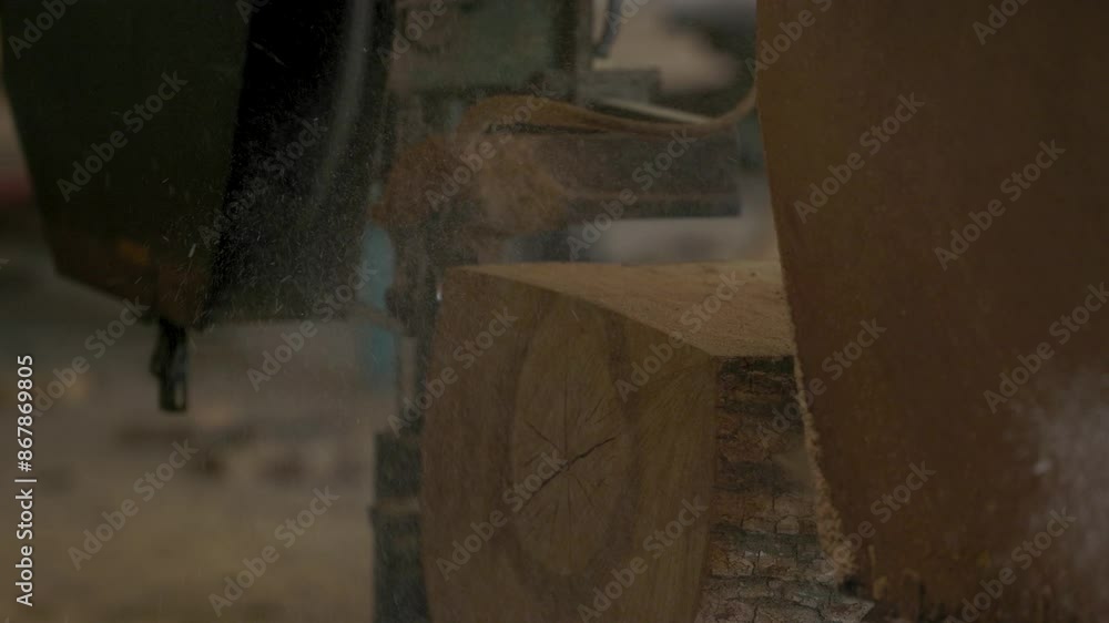 At the sawmill, a saw cuts brown wood. Tree bark and old rusty saw ...