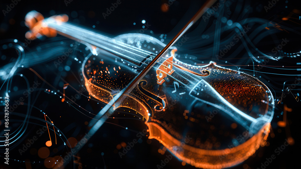 Gold Hologram of a musical instrument whose strings vibrate and make ...