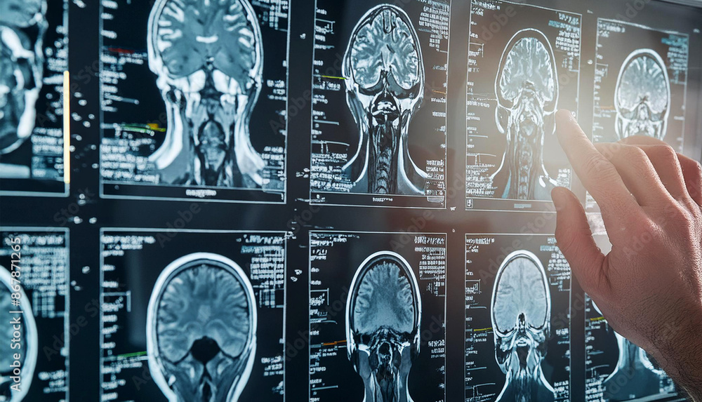 MRI Brain Scan. Doctor shows MRI Brain Scan of head and skull. Stock ...