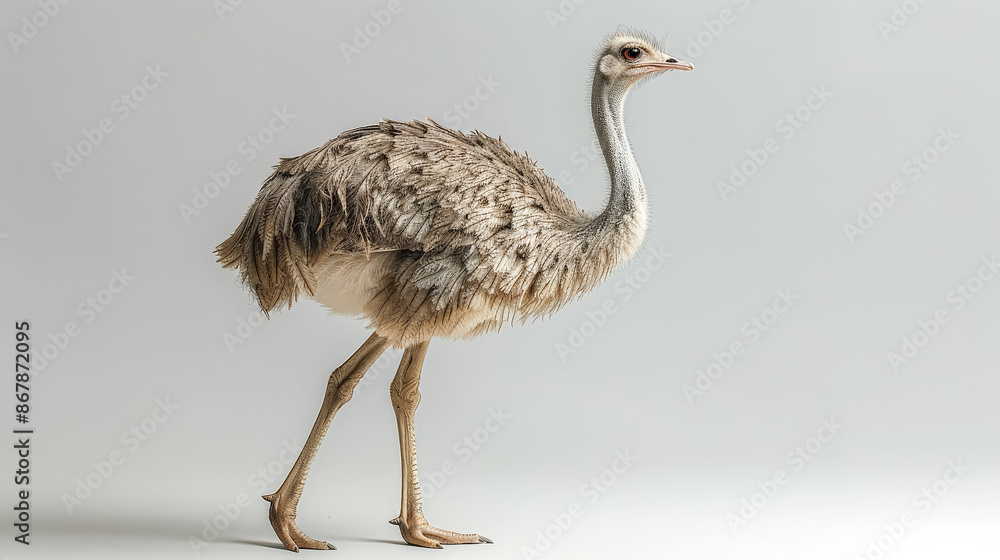 A large ostrich is walking across a white background. The bird is the ...