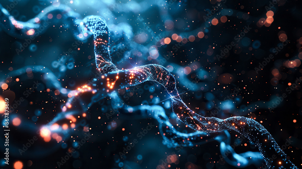 Hologram of created life, with flashing visualizations of DNA and ...