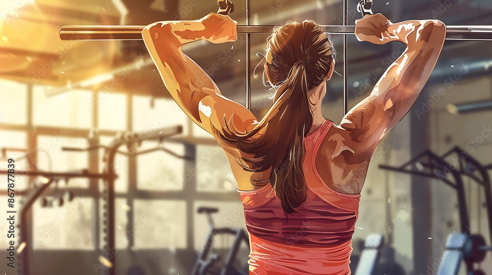 Detailed illustration of a woman executing a lat pulldown exercise in a ...